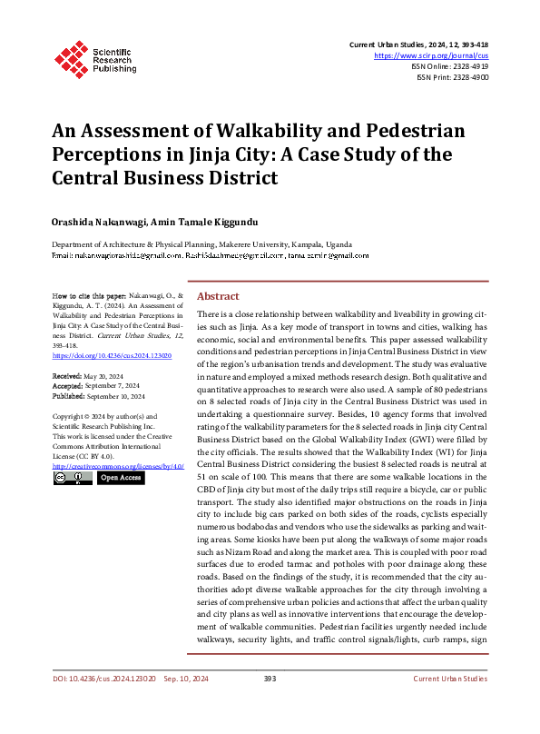 (PDF) An Assessment of Walkability and Pedestrian Perceptions in Jinja City: A Case Study of the ...
