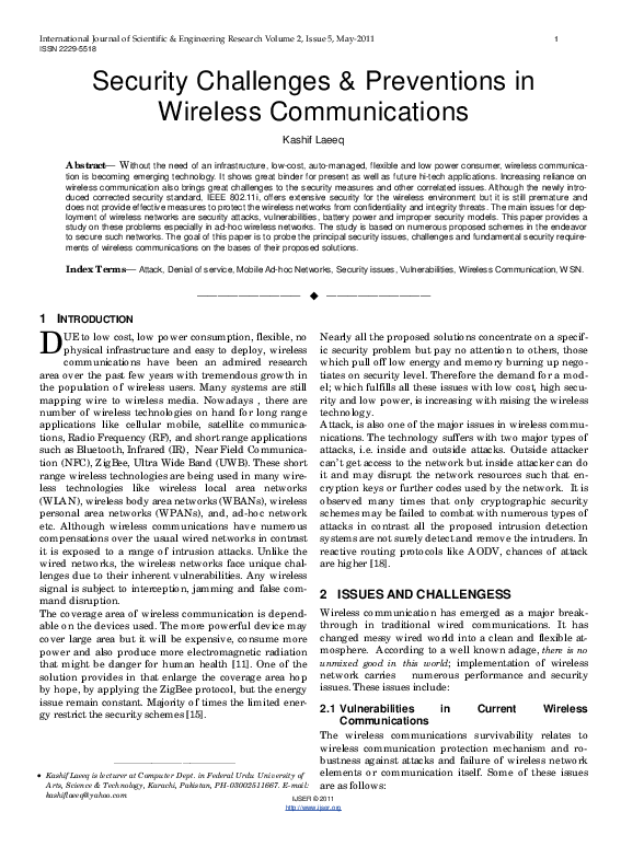(PDF) Security Challenges & Preventions in Wireless Communications