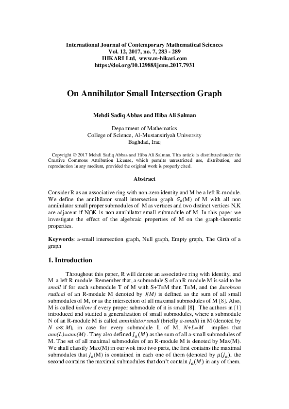 (PDF) On annihilator small intersection graph