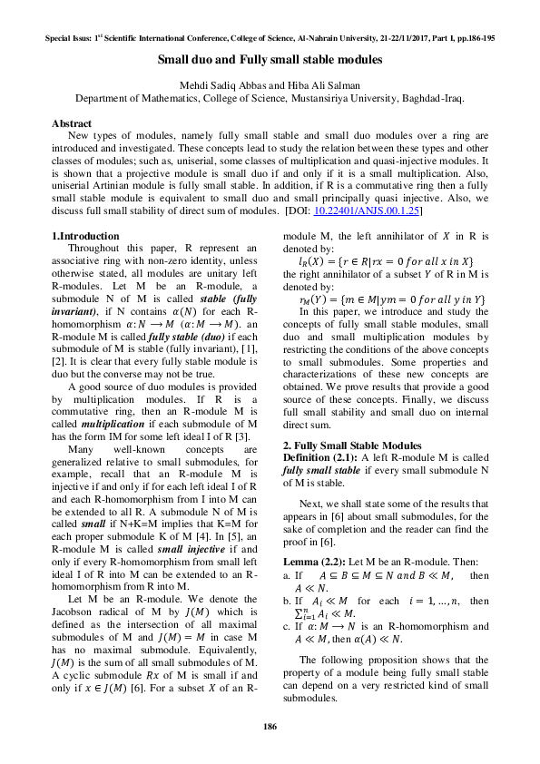 (PDF) Small duo and Fully small stable modules | hiba ali Salman - Academia.edu