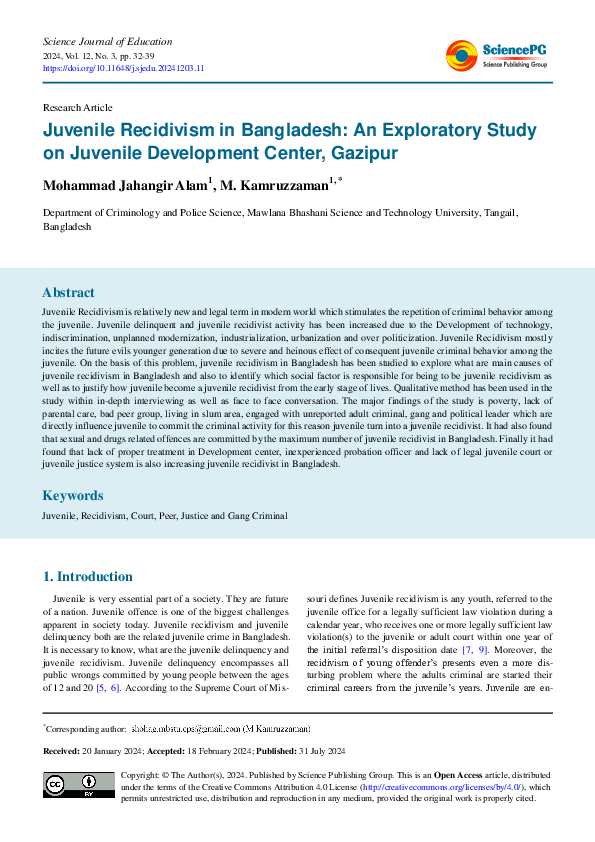 (PDF) Juvenile Recidivism in Bangladesh: An Exploratory Study on ...