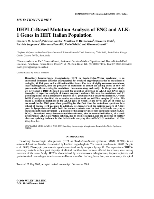 (PDF) DHPLC-based mutation analysis of ENG and ALK-1 genes in HHT ...