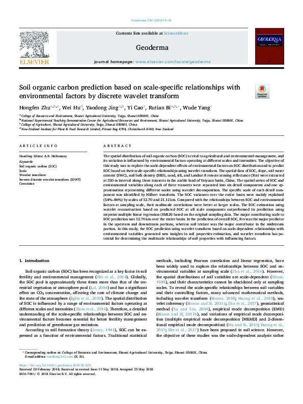 (PDF) Soil organic carbon prediction based on scale-specific relationships with environmental ...