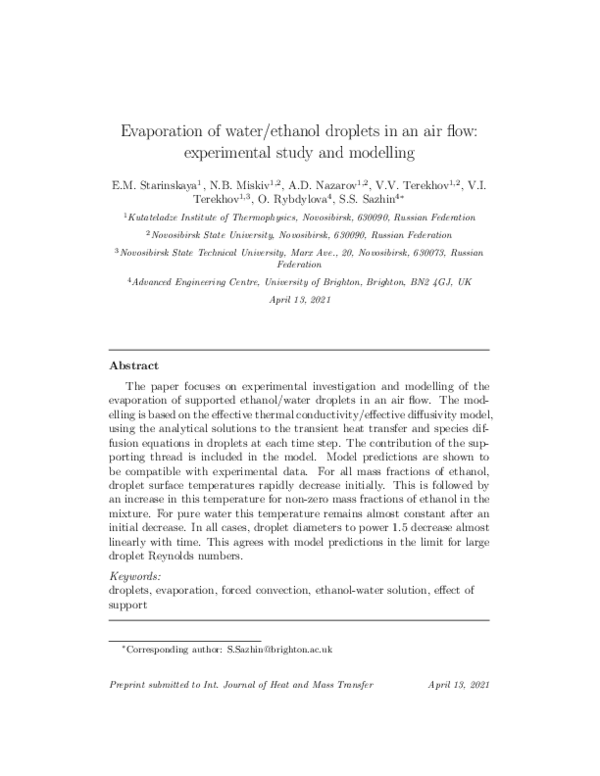 (PDF) Evaporation of water/ethanol droplets in an air flow: Experimental study and modelling ...