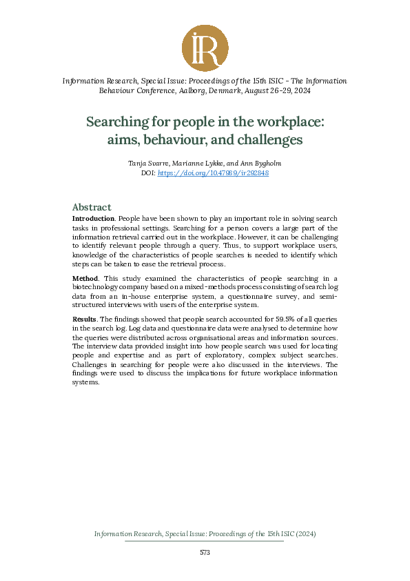 (PDF) Searching for people in the workplace: aims, behaviour, and ...