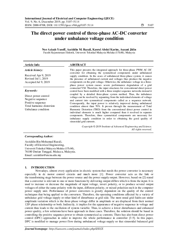 (PDF) The direct power control of three-phase AC-DC converter under unbalance voltage condition