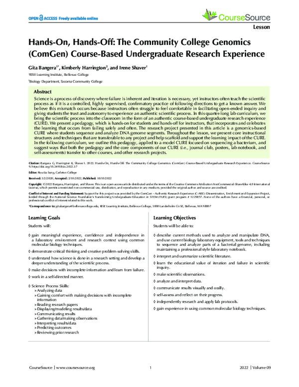 (PDF) Hands-On, Hands-Off: The Community College Genomics (ComGen) Course-Based Undergraduate ...