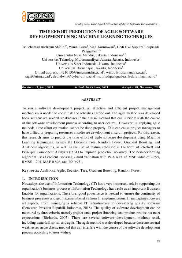 (PDF) Time Effort Prediction Of Agile Software Development Using Machine Learning Techniques