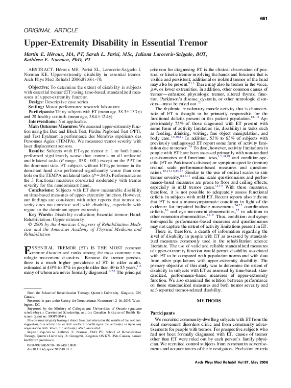 (PDF) Upper-Extremity Disability in Essential Tremor