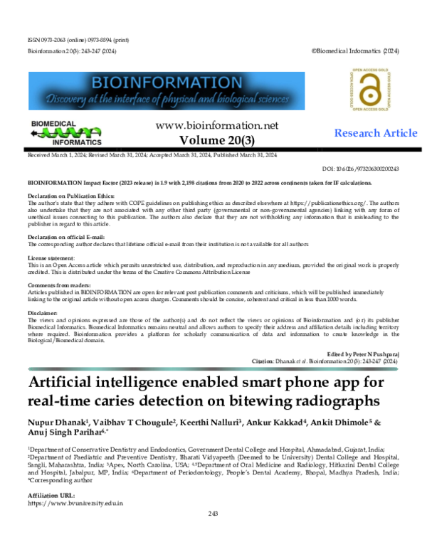 (PDF) Artificial intelligence enabled smart phone app for real-time caries detection on bitewing ...