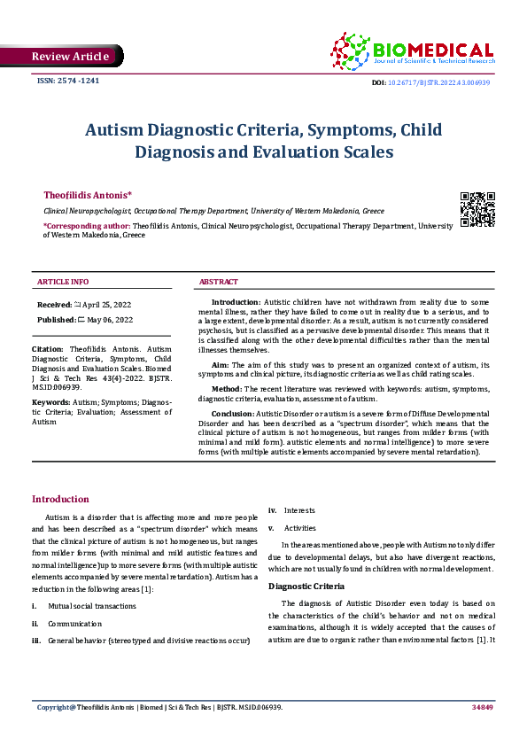 (PDF) Autism Diagnostic Criteria, Symptoms, Child Diagnosis and ...