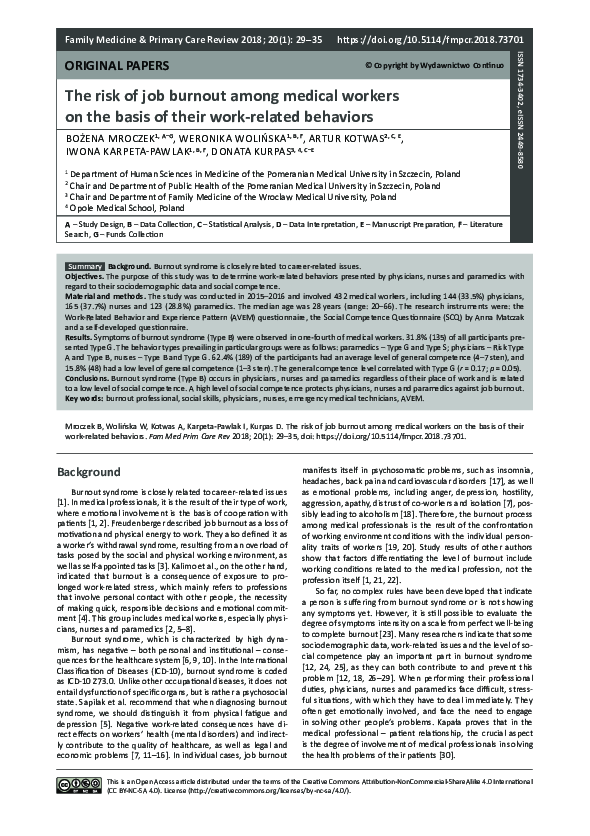 (PDF) The risk of job burnout among medical workers on the basis of ...