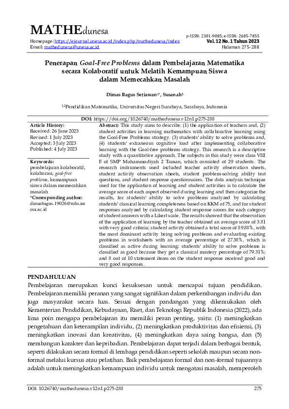 (PDF) Penerapan Goal-Free Problems dalam Pembelajaran Matematika secara ...