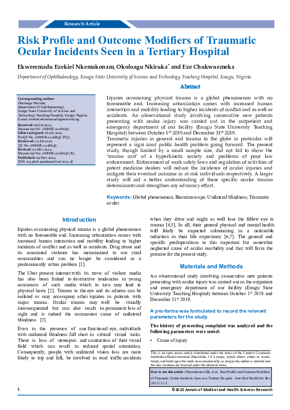 (PDF) Risk Profile and Outcome Modifiers of Traumatic Ocular Incidents ...