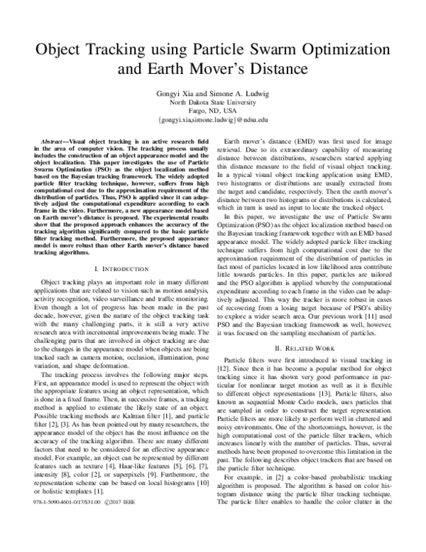 (PDF) Object tracking using Particle Swarm Optimization and Earth mover's distance