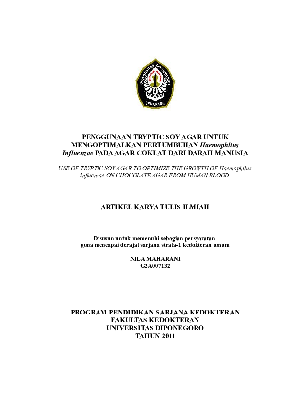 (PDF) PENGGUNAAN TRYPTIC SOY AGAR UNTUK MENGOPTIMALKAN PERTUMBUHAN Haemophlius Influenzae PADA ...