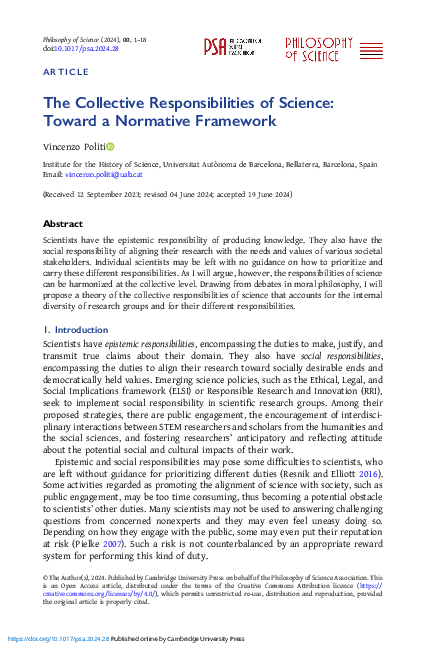(PDF) The collective responsibilities of science: towards a normative ...