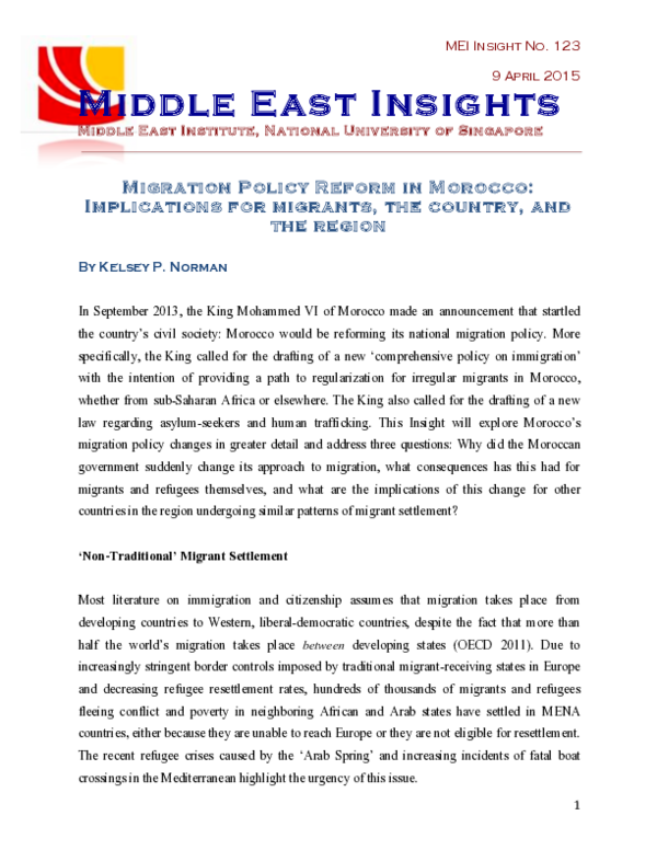 (PDF) Migration Policy Reform in Morocco: Implications for Migrants, the Country, and the Region