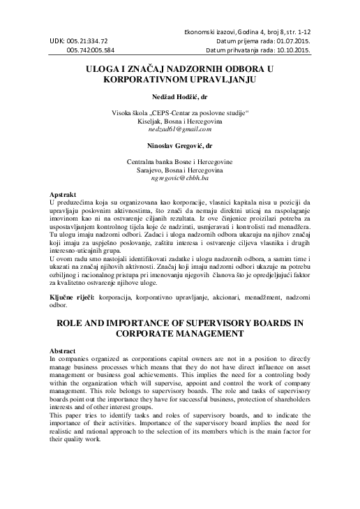 (PDF) Role and importance of supervisory boards in corporate management