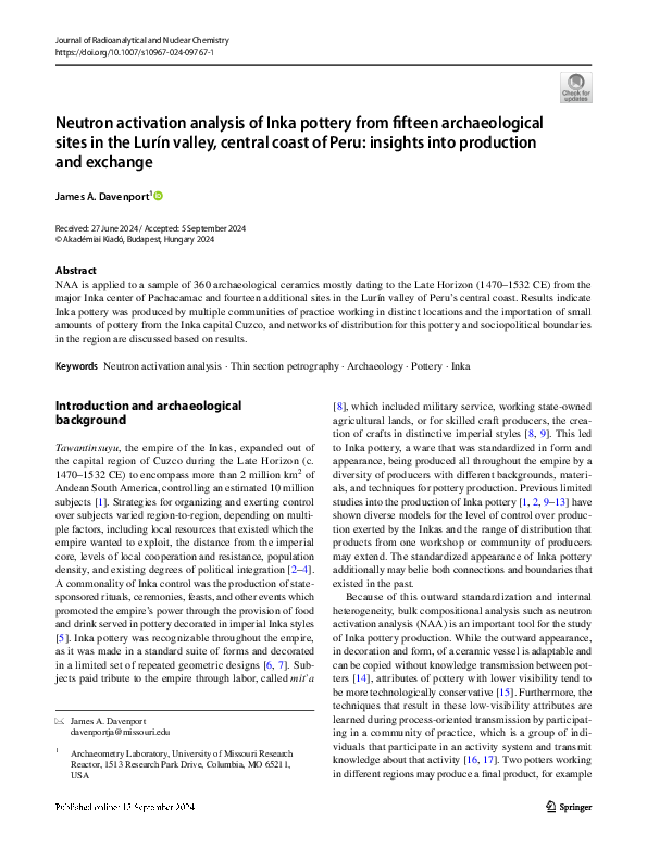 (PDF) Neutron activation analysis of Inka pottery from fifteen ...