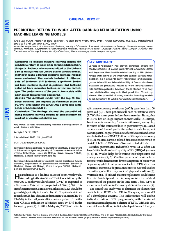 (PDF) Predicting Return to Work after Cardiac Rehabilitation using Machine Learning Models