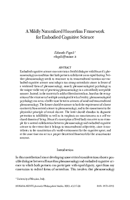 (PDF) A Mildly Naturalized Husserlian Framework for Embodied Cognitive Science