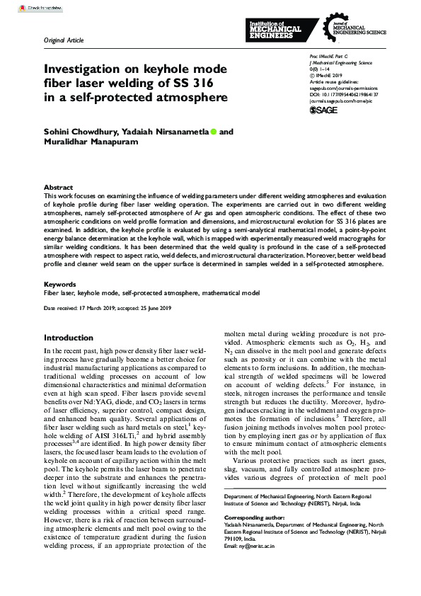 (PDF) Investigation on keyhole mode fiber laser welding of SS 316 in a self-protected atmosphere