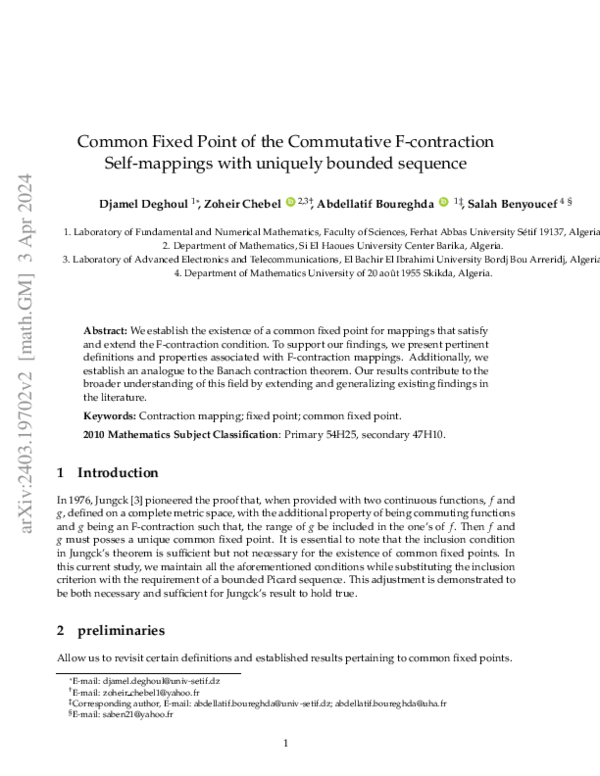 (PDF) Common Fixed Point of the Commutative F-contraction Self-mappings with uniquely bounded ...