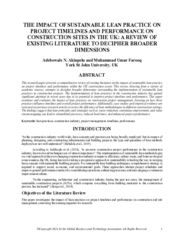 (PDF) THE IMPACT OF SUSTAINABLE LEAN PRACTICE ON PROJECT TIMELINES AND PERFORMANCE ON ...