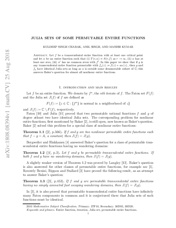 (PDF) Identical Julia Sets for Permutable Transcendental Functions