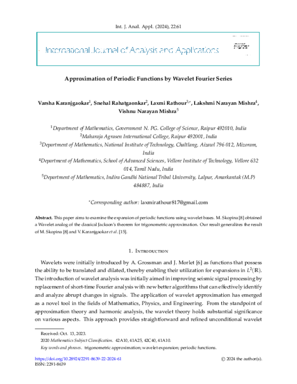 (PDF) Approximation of Periodic Functions by Wavelet Fourier Series | Laxmi Rathour - Academia.edu