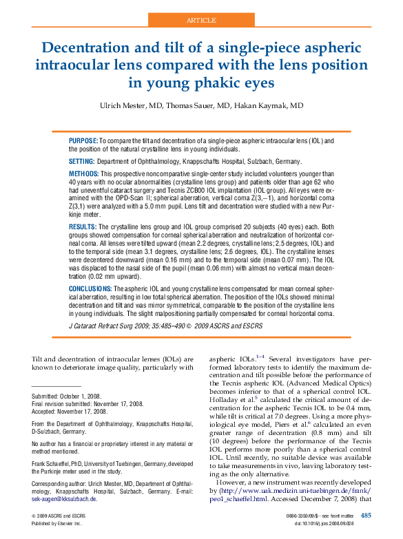 (PDF) Decentration and tilt of a single-piece aspheric intraocular lens ...
