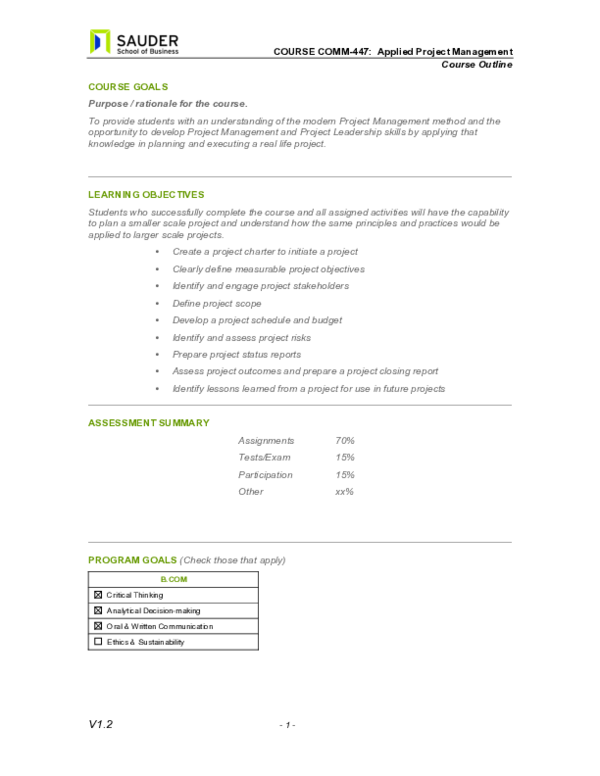 (PDF) COMM-447: Applied Project Management Course Outline