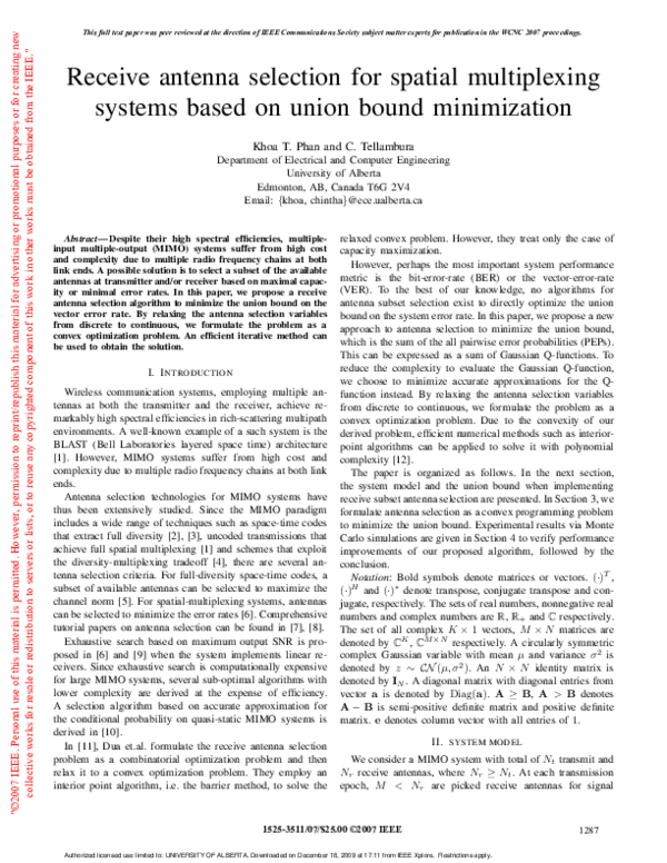 (PDF) Receive Antenna Selection for Spatial Multiplexing Systems Based ...