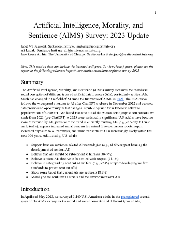 (PDF) Artificial Intelligence, Morality, and Sentience (AIMS) Survey: 2023 Update