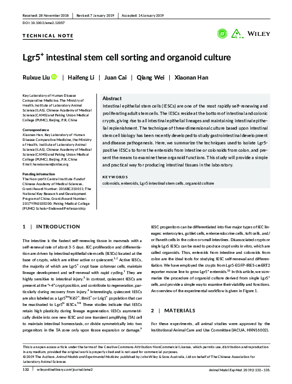 (PDF) Lgr5+ intestinal stem cell sorting and organoid culture | Xiaonan ...