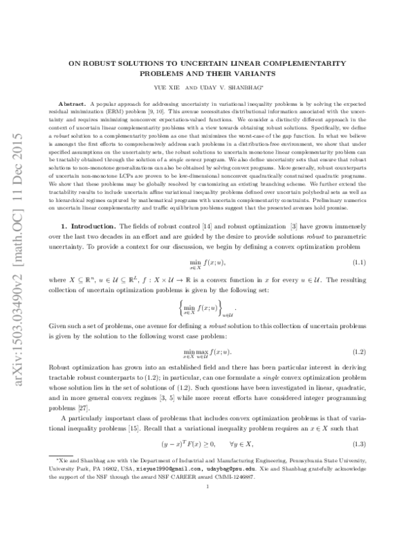 (PDF) On robust solutions to uncertain linear complementarity problems and their variants