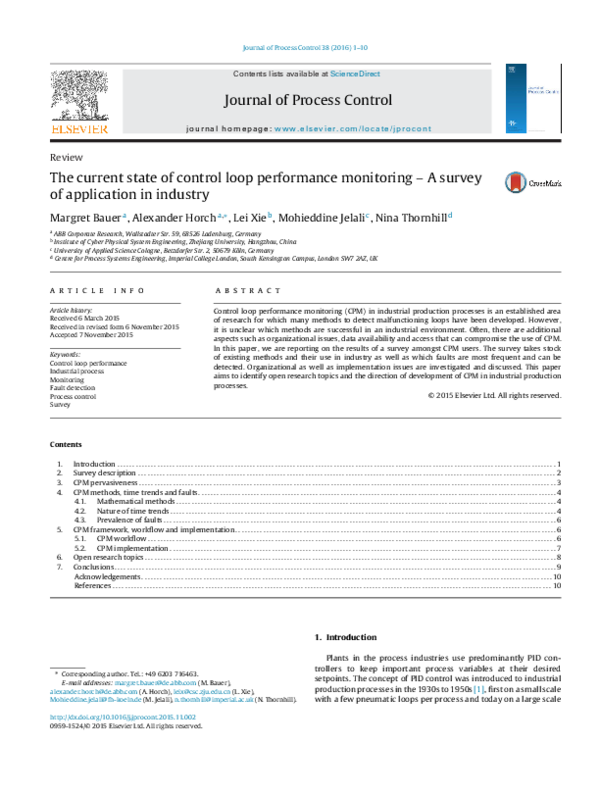 (PDF) The current state of control loop performance monitoring – A survey of application in industry