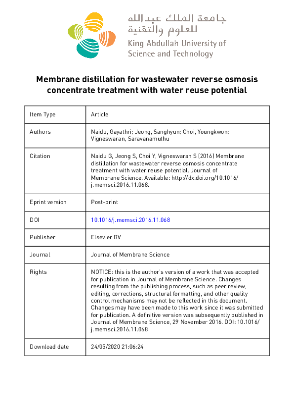 (PDF) Membrane distillation for wastewater reverse osmosis concentrate ...