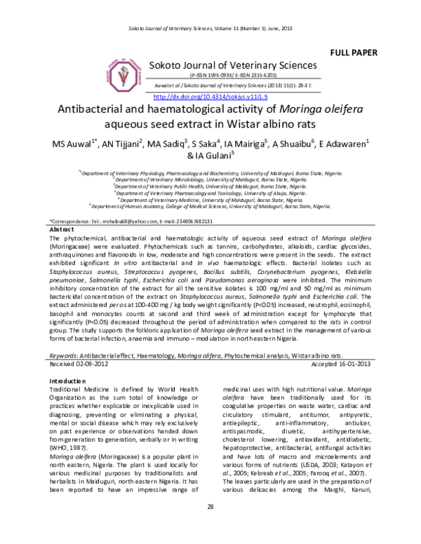 (PDF) Antibacterial and haematological activity of Moringa oleifera aqueous seed extract in ...