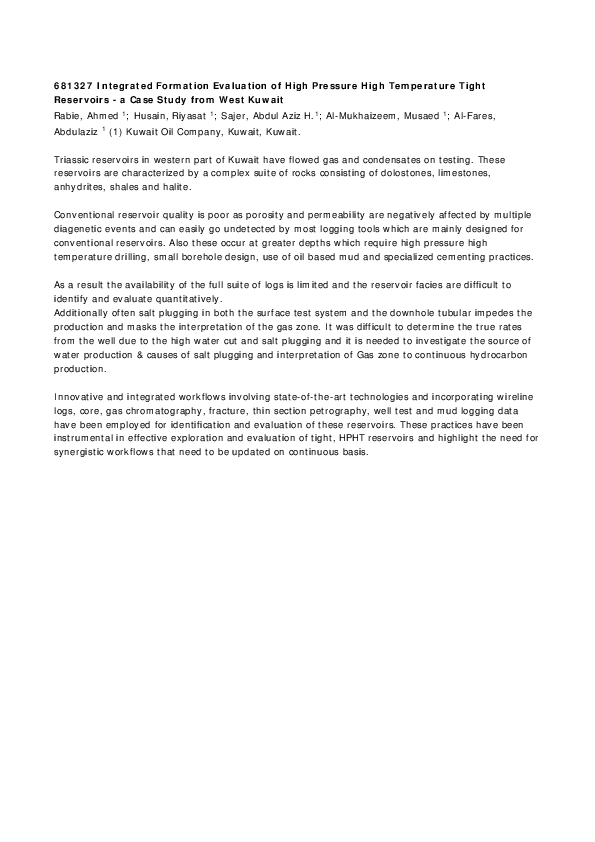 (PDF) Integrated Formation Evaluation of High Pressure High Temperature Tight Reservoirs - a ...