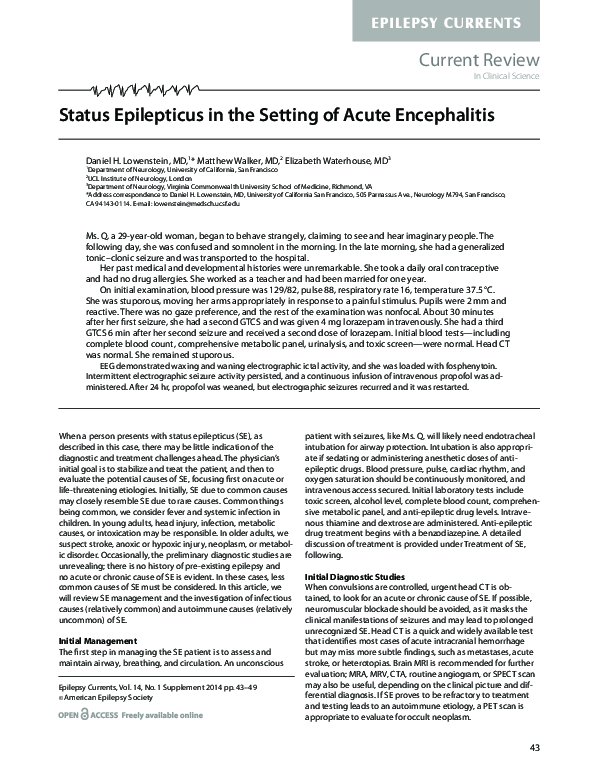 (PDF) Status epilepticus in the setting of acute encephalitis