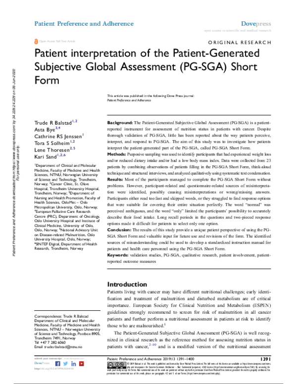 (PDF) Patient interpretation of the Patient-Generated Subjective Global Assessment (PG-SGA ...