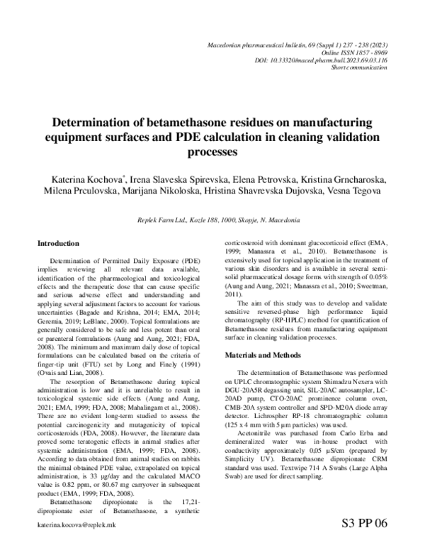 (PDF) Determination of betamethasone residues on manufacturing ...
