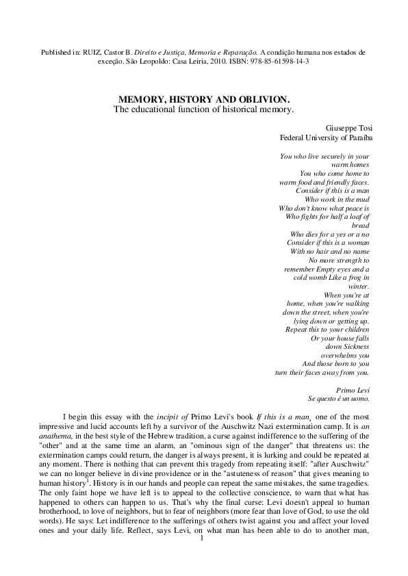 (PDF) MEMORY, HISTORY AND OBLIVION. The educational function of ...