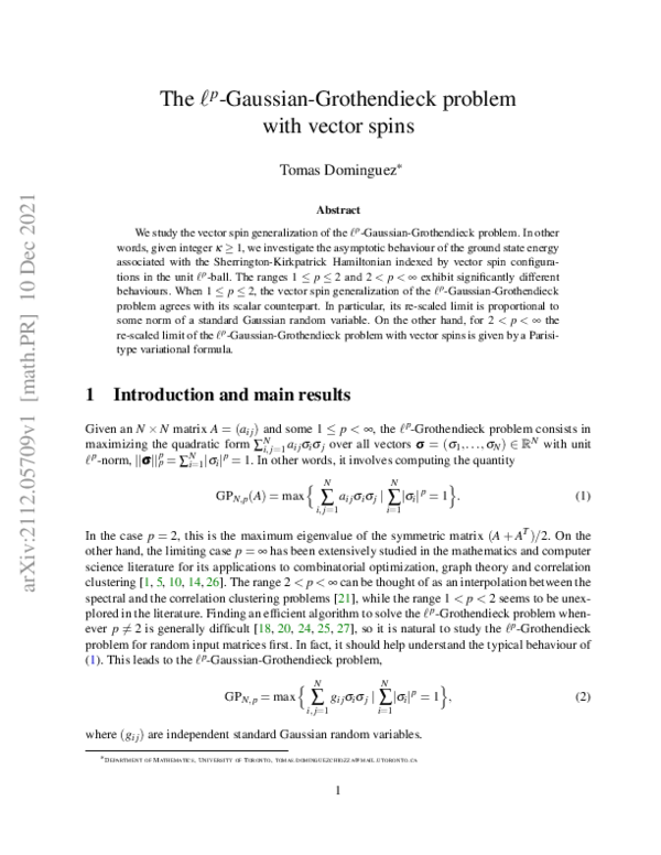 (PDF) The $\ell^p$-Gaussian-Grothendieck problem with vector spins