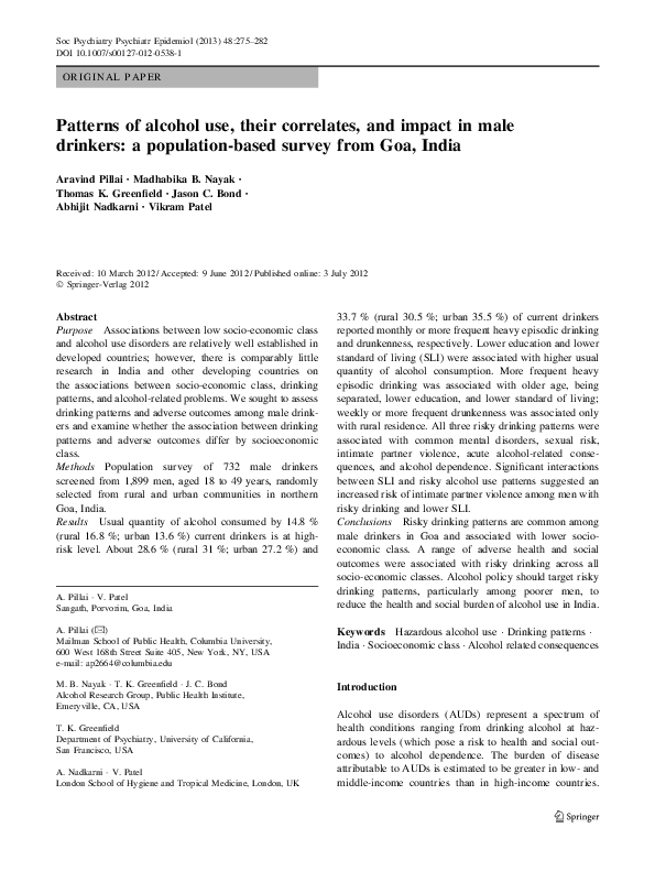 (PDF) Patterns of alcohol use, their correlates, and impact in male ...