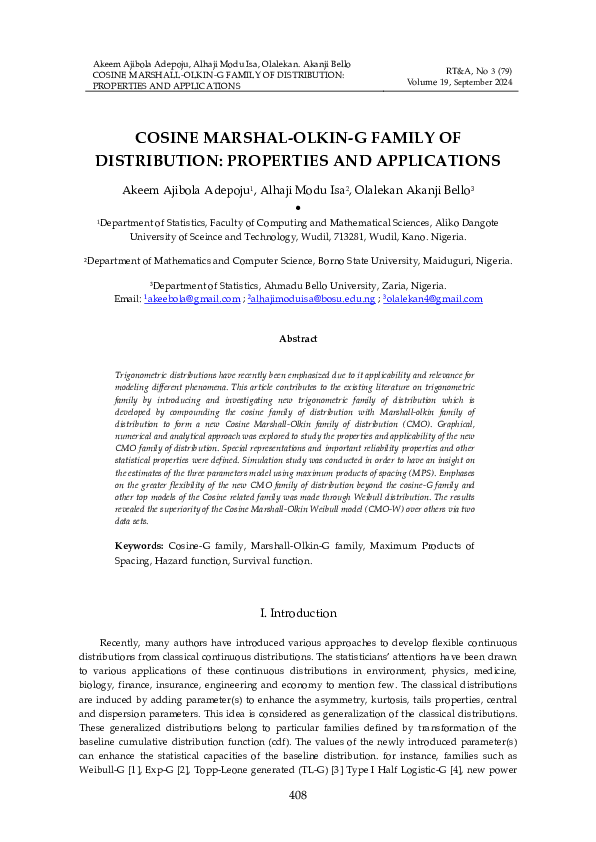 (PDF) COSINE MARSHAL-OLKIN-G FAMILY OF DISTRIBUTION: PROPERTIES AND ...