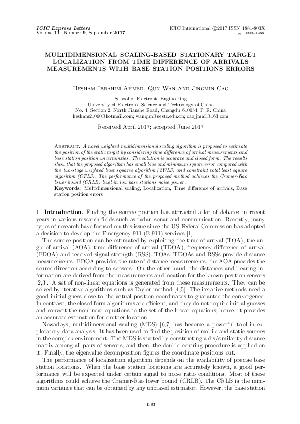 (PDF) Multidimensional scaling-based stationary target localization from time difference of ...