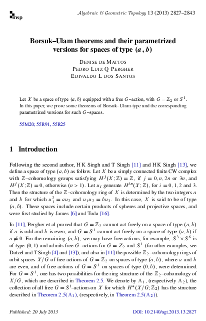 (PDF) Borsuk–Ulam theorems and their parametrized versions for spaces of type (a,b) | Pedro Luiz ...